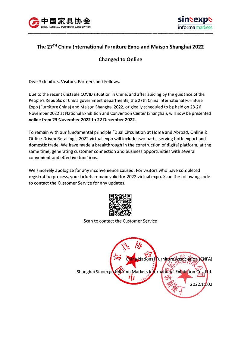 Important Notice of Furniture China & Maison Shanghai 2022 - Sinoexpo ...